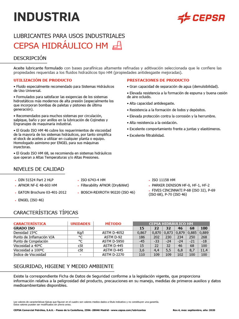 CEPSA HIDRAULICO HM Rv4 | PDF | Lubricante | Ingeniería mecánica