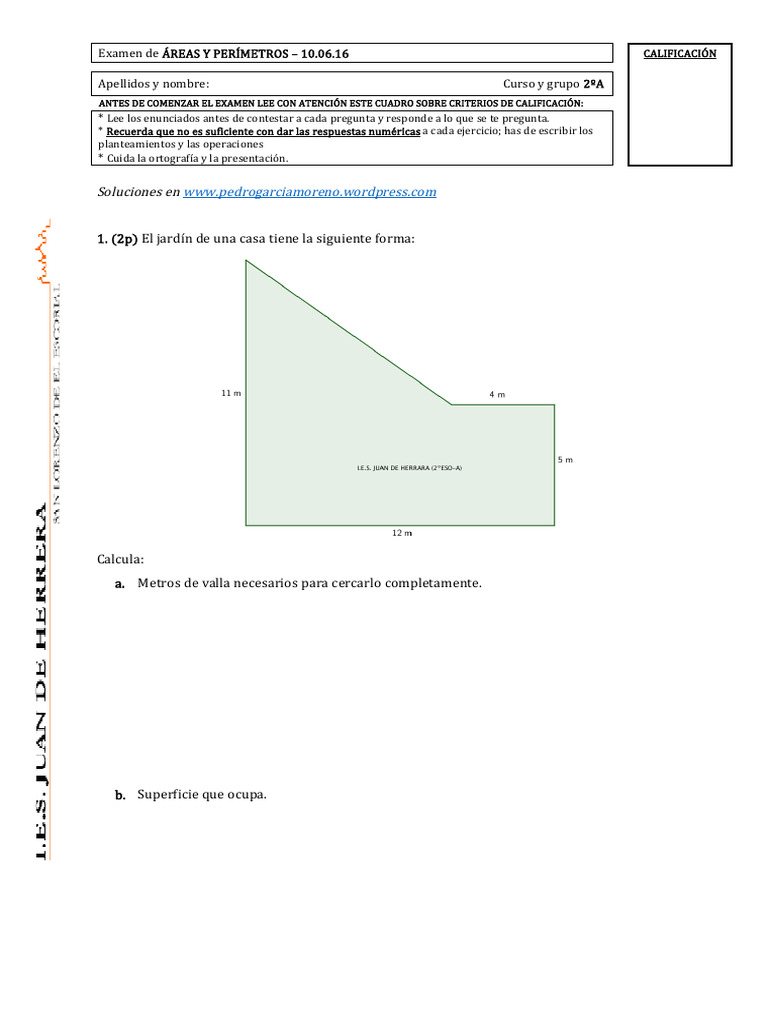 Examen de Áreas y Perímetros 2ºA | PDF