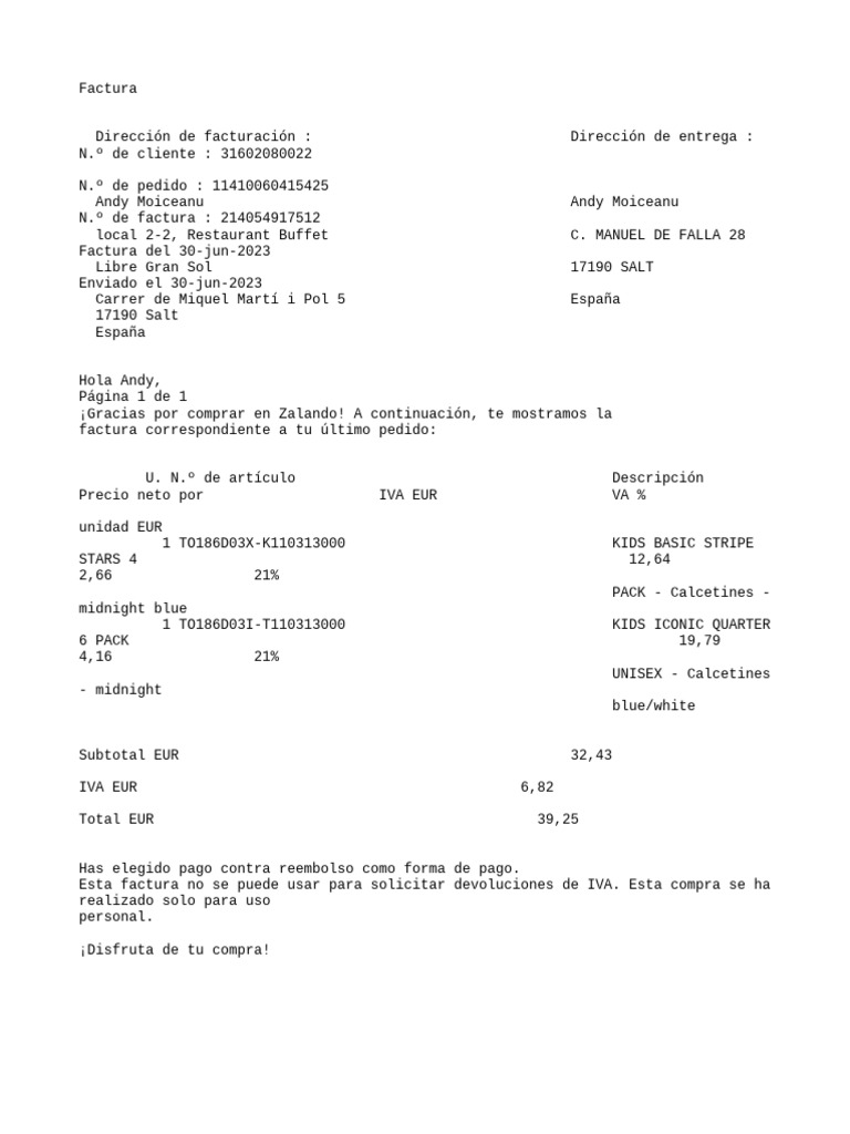 Factura de compra Zalando 30-jun-2023 | PDF