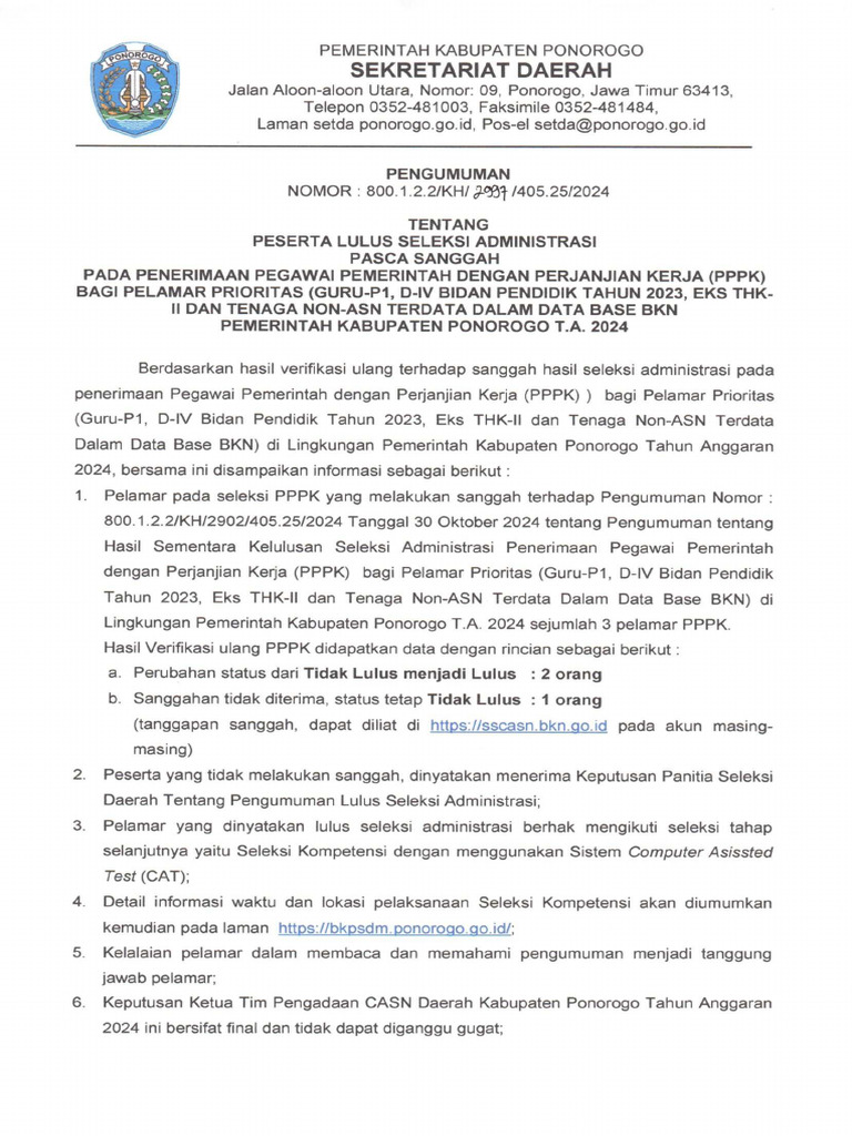 Pengumuman Peserta Lulus Seleksi Administrasi Pasca Sanggah Pada Penerimaan PPPK | PDF
