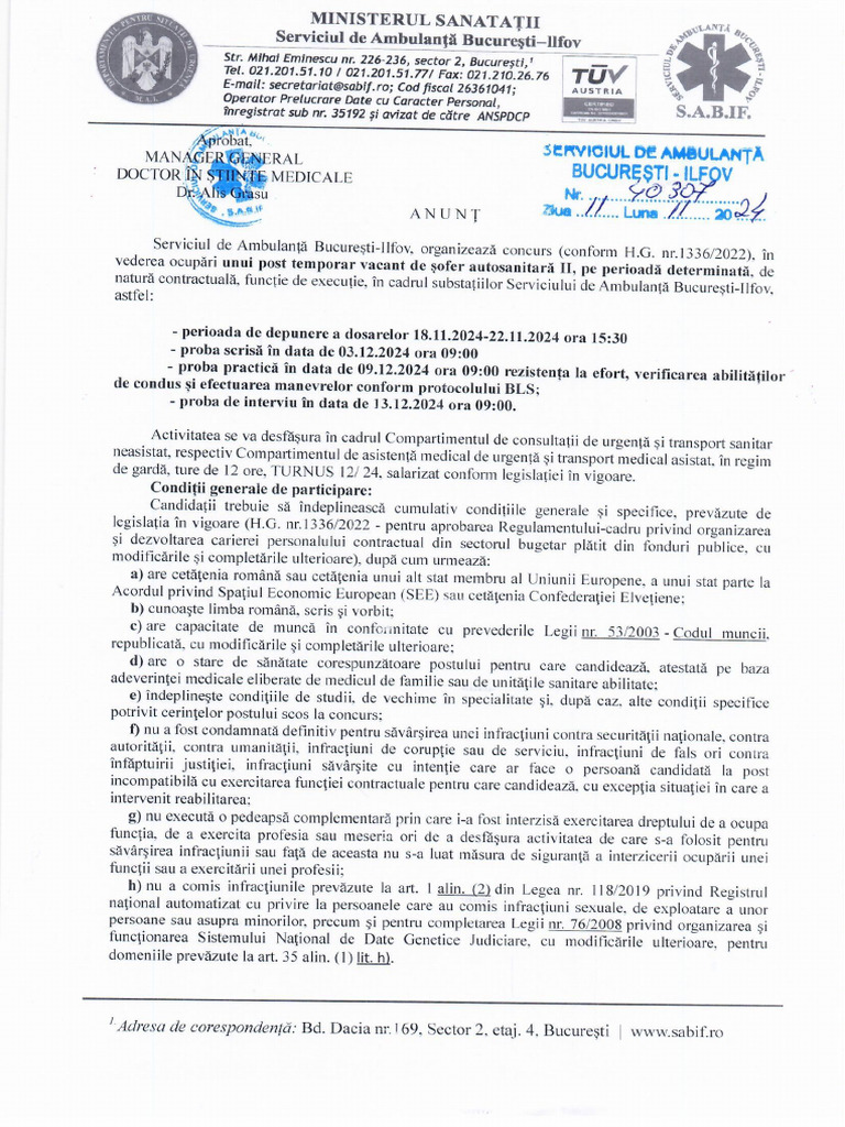 01 Anunt Angajare Sofer Autosanitara II Perioada Determinata 15.11.2024 | PDF