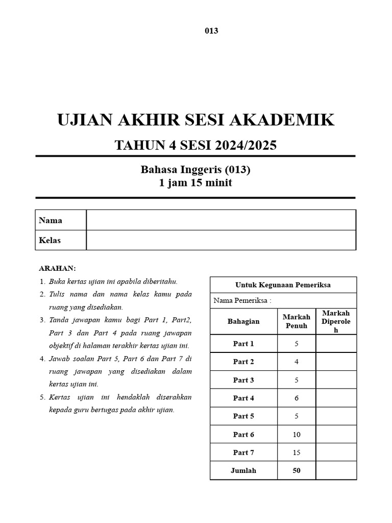 UASA Template SR Year 4 2024 (QP) | PDF