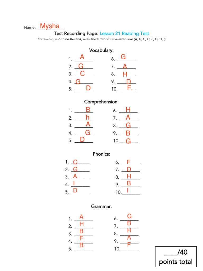 Weekly Test Answer Recording Page | PDF | Writing | Cultural Assimilation