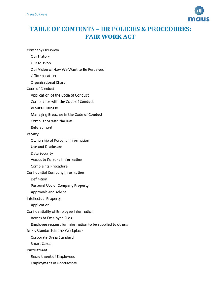 MAUS HR Fair Work Act Table of Contents | PDF | Employment | Parental Leave