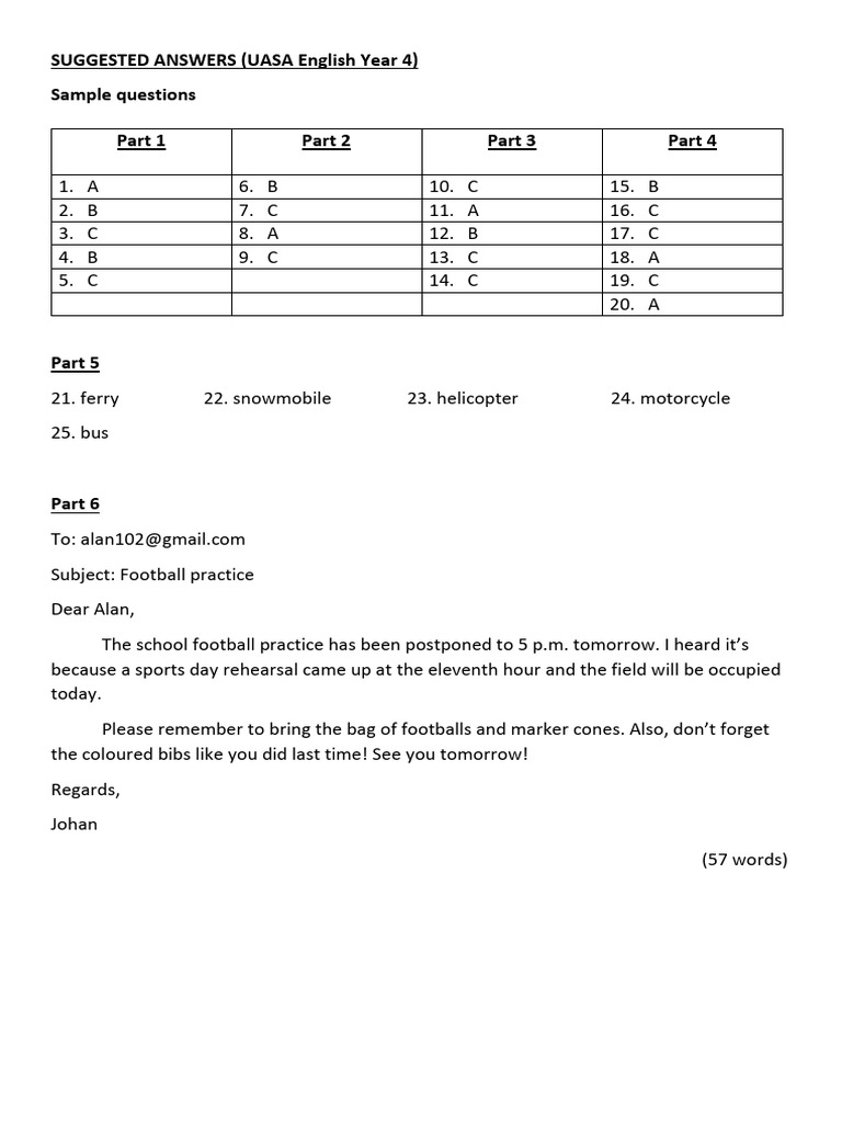 Emailing 2. Suggested Answers (UASA English Year 4) | PDF
