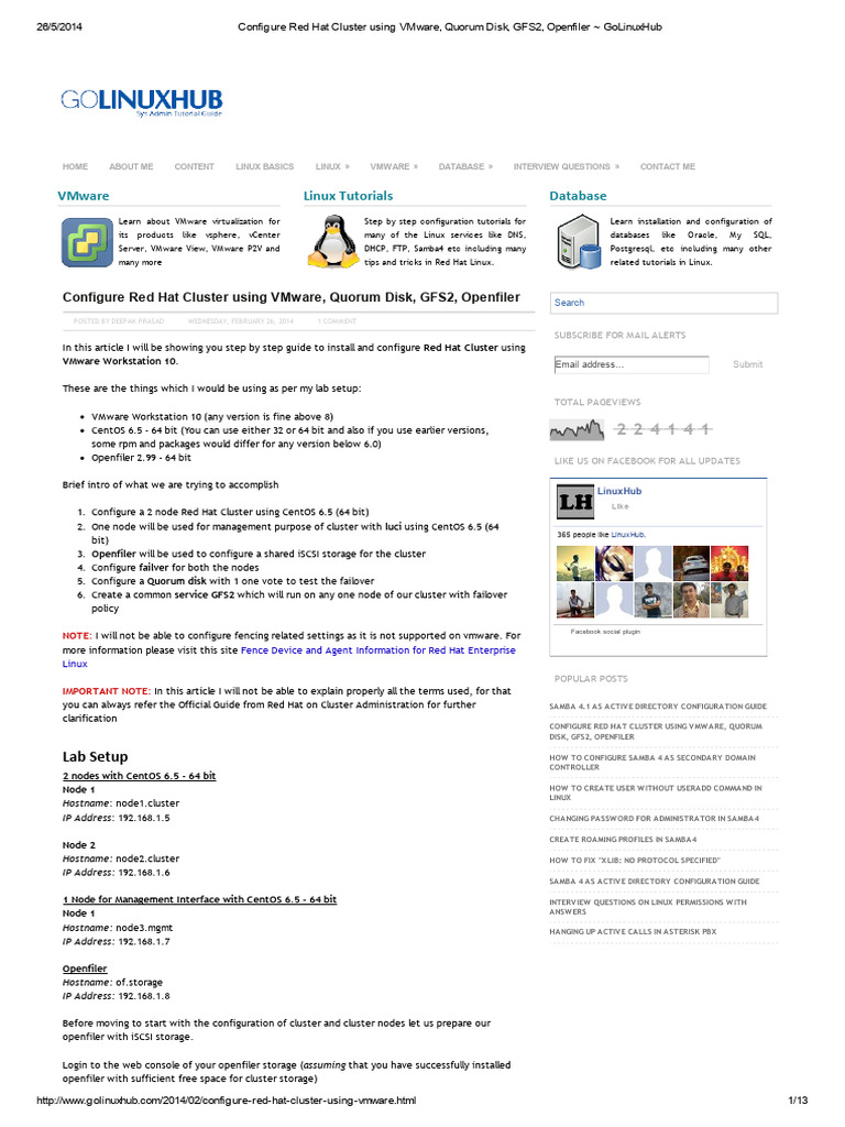 Configure Red Hat Cluster Using VMware, Quorum Disk, GFS2, Openfiler GoLinuxHub | PDF | Computer ...