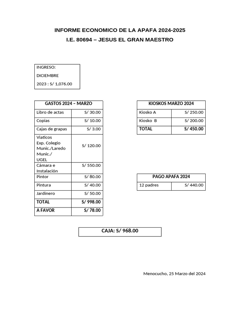 Informe Económico APAFA 2024-2025 | PDF