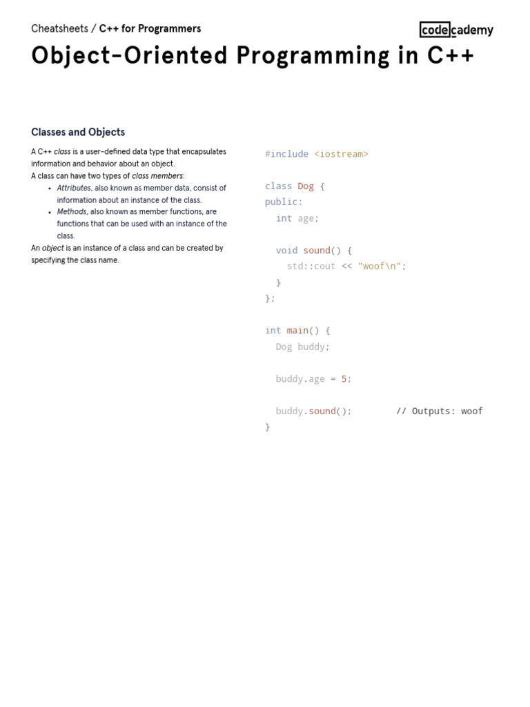 C For Programmers Object Oriented Programming In C Cheatsheet Codecademy Pdf Class