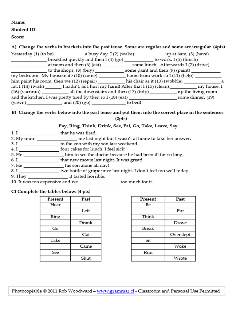 MINI TEST 1 Past Tense Irregular Verbs | PDF | Language Mechanics ...