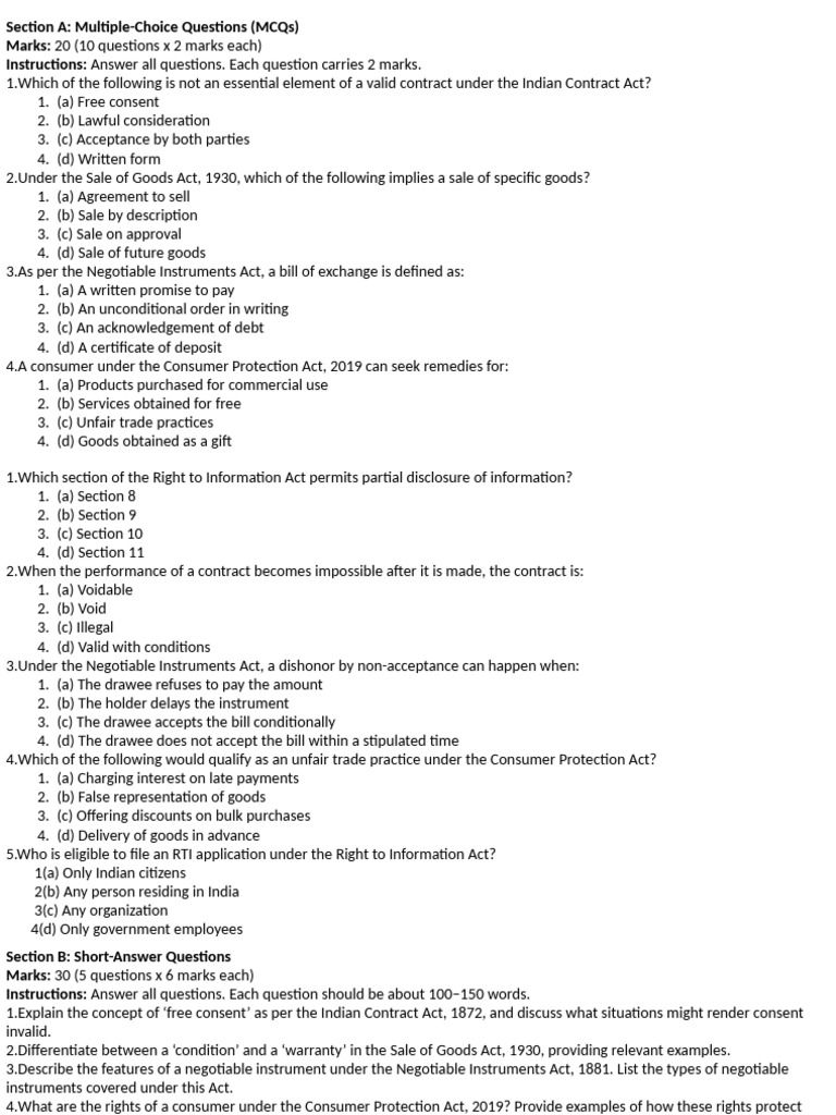 Business Law Question Paper | PDF | Negotiable Instrument | Business