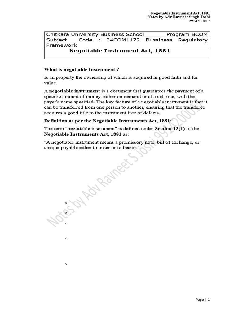 Negotiable Instrument Act 1881 | PDF | Negotiable Instrument | Cheque