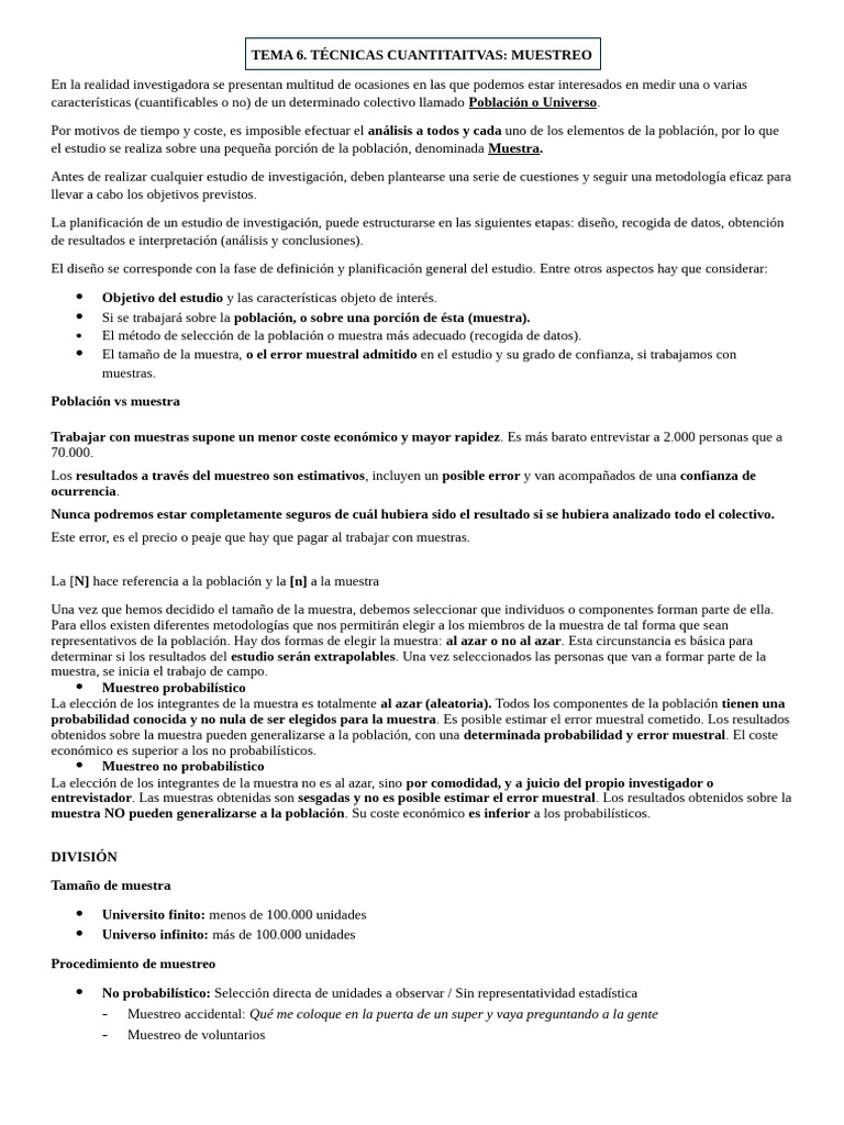 Técnicas Cuantitativas: Muestreo | PDF | Muestreo (Estadísticas) | Intervalo de confianza