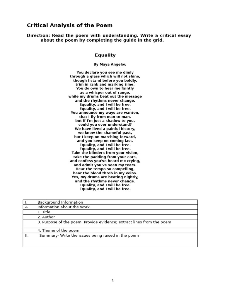 ACTIVITY 1 SECOND QUARTER Critical Analysis of The Poem | PDF | Poetry ...