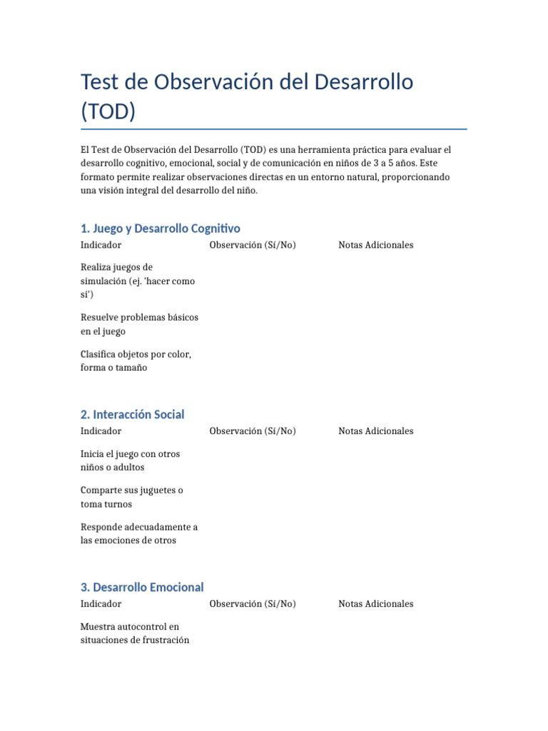 Test Observacion Desarrollo TOD | PDF | Crecimiento personal y ...