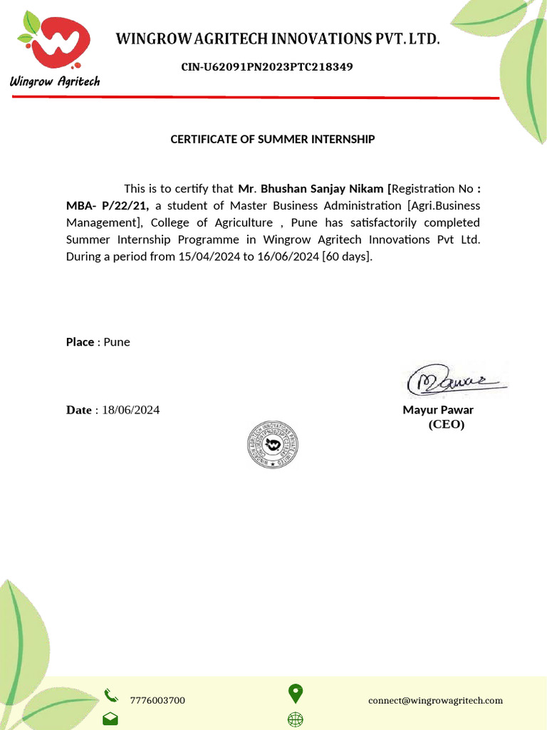 Bhushan Internship Certificate | PDF