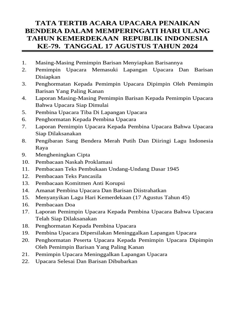 Tata Tertib Acara Upacara Penaikan Bendera Dalam Memperingati Hari Ulang Tahun Kemerdekaan ...