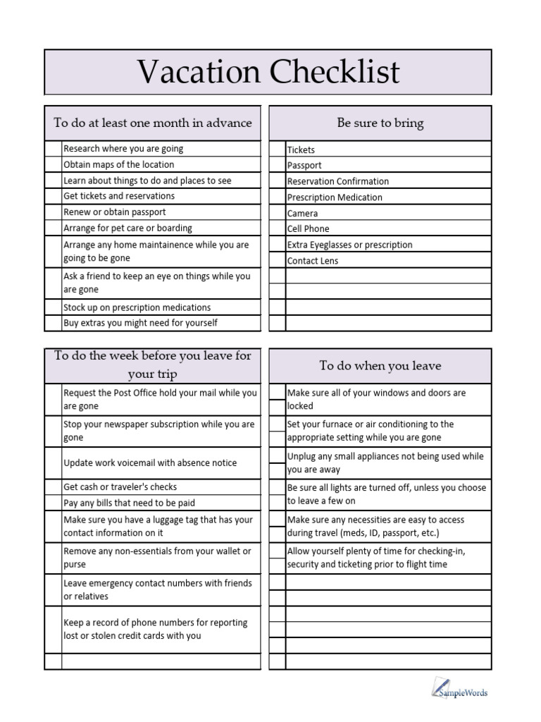 Vacation Checklist | PDF