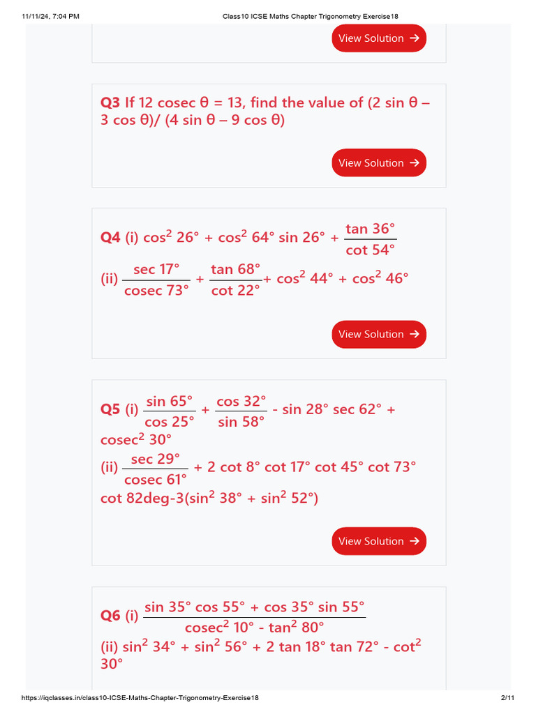 Class10 ICSE Maths Chapter Trigonometry Exercise18 | PDF | Mathematical Analysis | Functions And ...