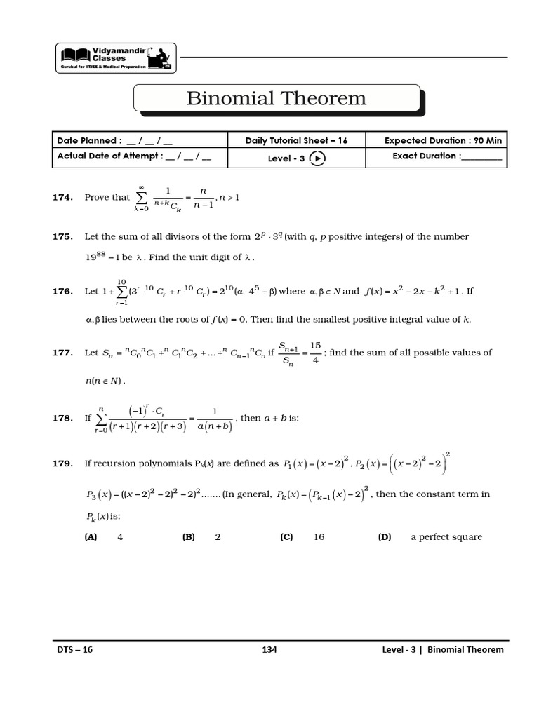 Binomial Theorem Level-3 DTS-16 | PDF | Mathematical Objects | Mathematical Concepts