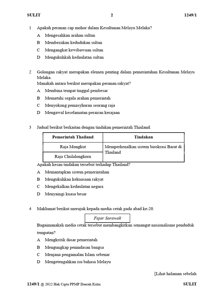 2022 Soalan Trial K1 Johor (Kulai) Set 2 | PDF