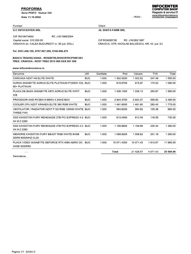 Proforma Invoice for Computer Parts | PDF