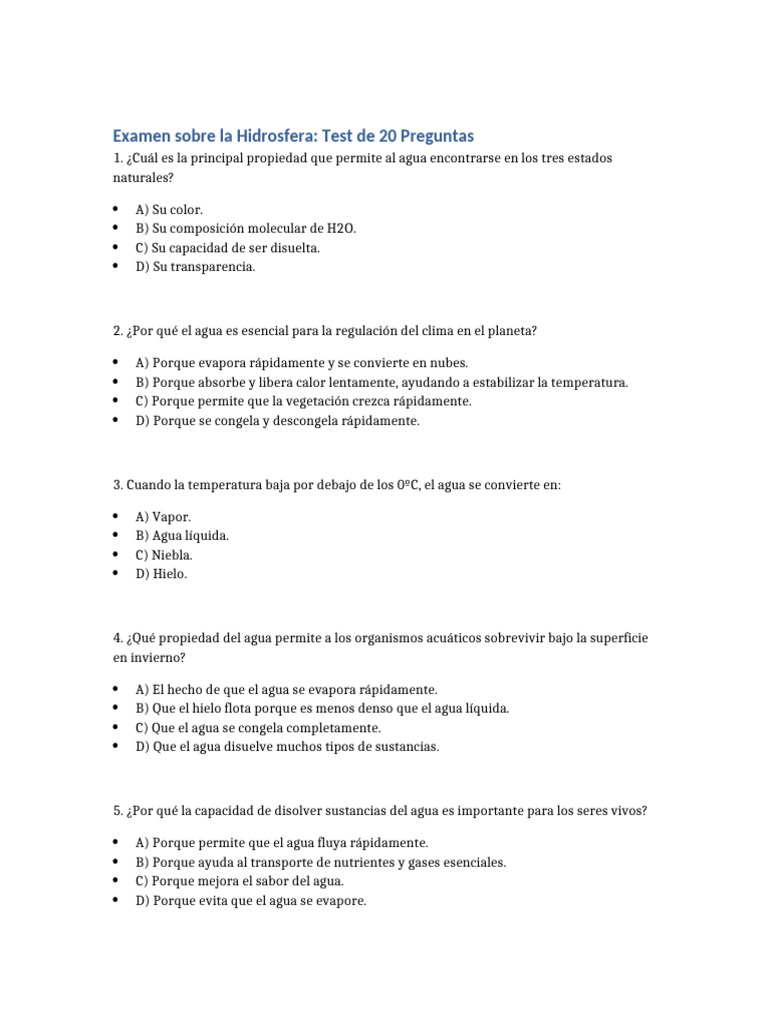 Examen Agua | PDF | Agua | El ciclo del agua