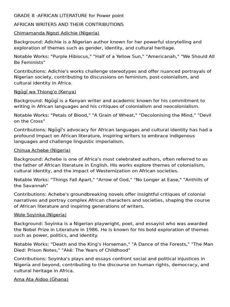 GRADE 8 AFRICAN LITERATURE For POWERPOINT | PDF | Nelson Mandela ...