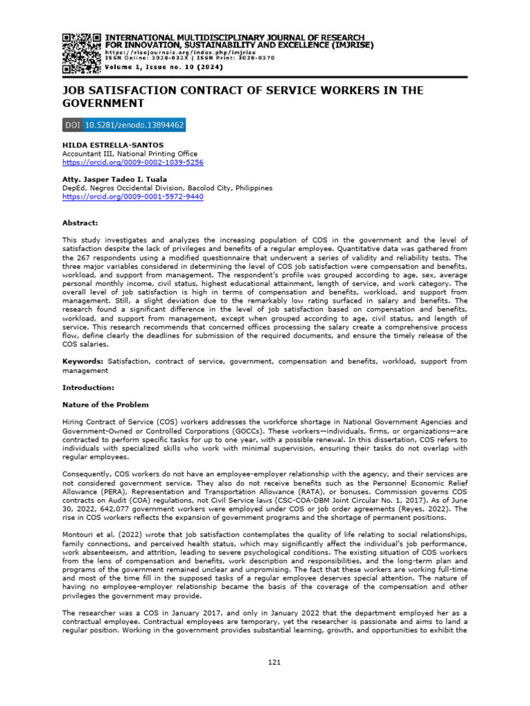 Job Satisfaction Contract of Service Workers in The Government | PDF ...