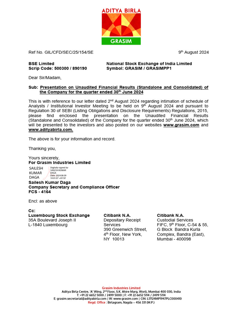 Grasim Earnings Presentation Q1fy25 | PDF | Cement | Materials