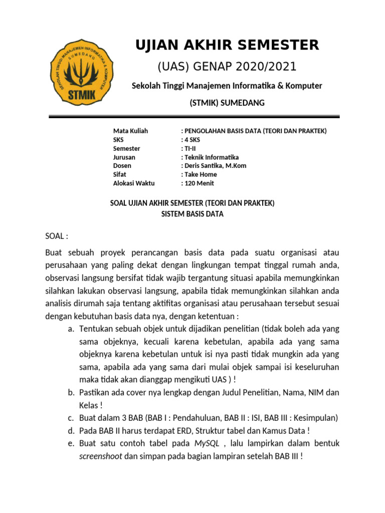 SOAL UAS SISTEM BASIS DATA Semester 2 2021 | PDF | Komputer