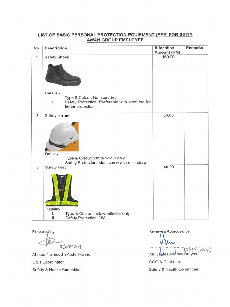 List of Basic Personal Protection Equipment (Ppe) For Sag Employee | PDF