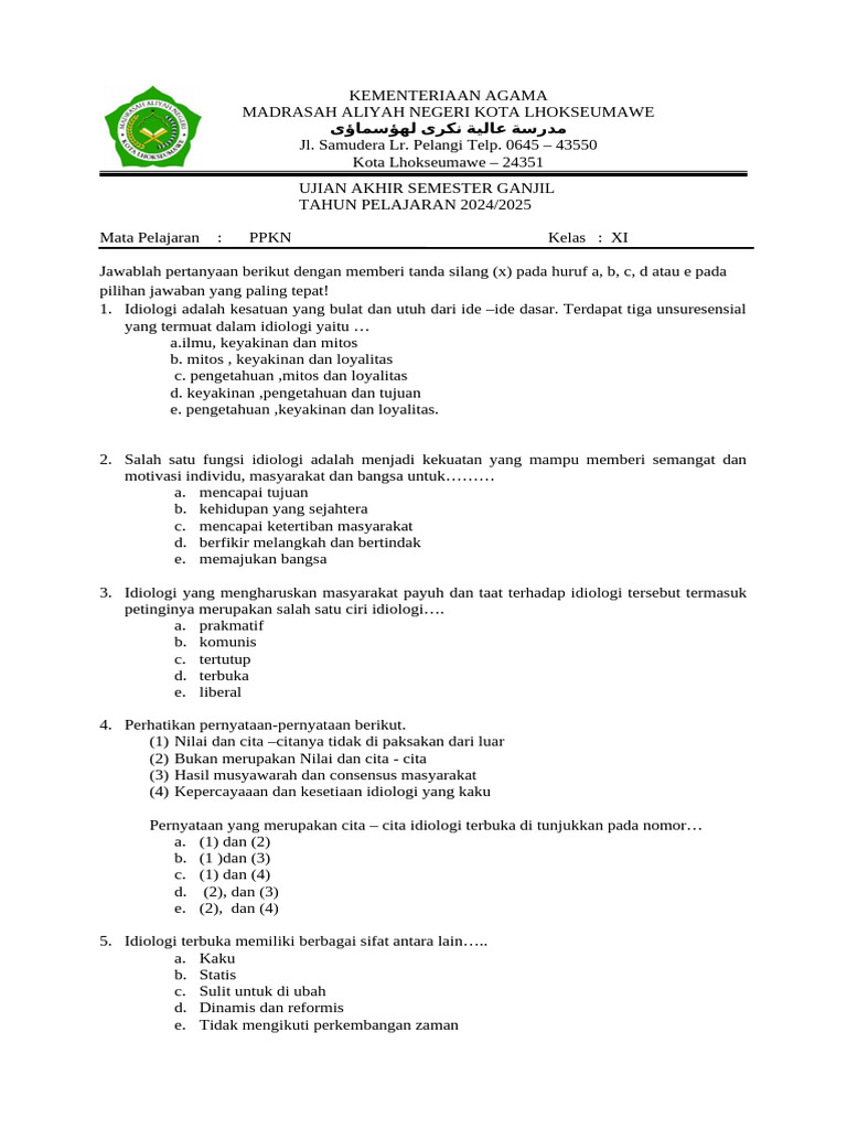 Soal Uas PPKN KLS Xi 2024 | PDF | Politik