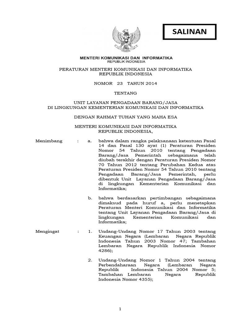 Salinan PM Kominfo Nomor 23 Tahun 2014 Tentang ULP | PDF