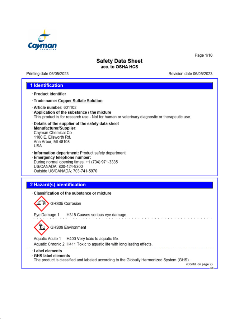 Safety Data Sheet: 1 Identification | PDF | Occupational Safety And ...
