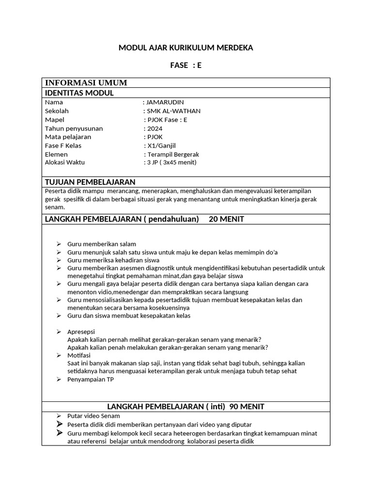 MODUL AJAR KURIKULUM MERDEKA Pjok Fase e Terbaru | PDF | Karier & Perkembangan