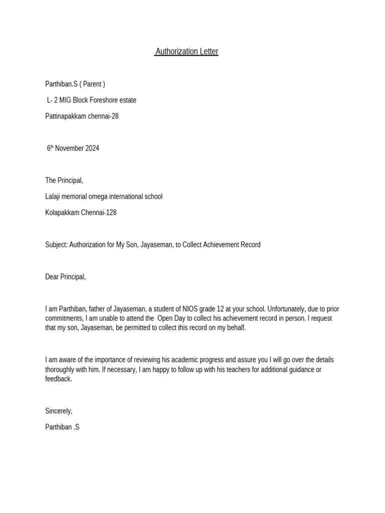 Authorization Letter for Student Record | PDF