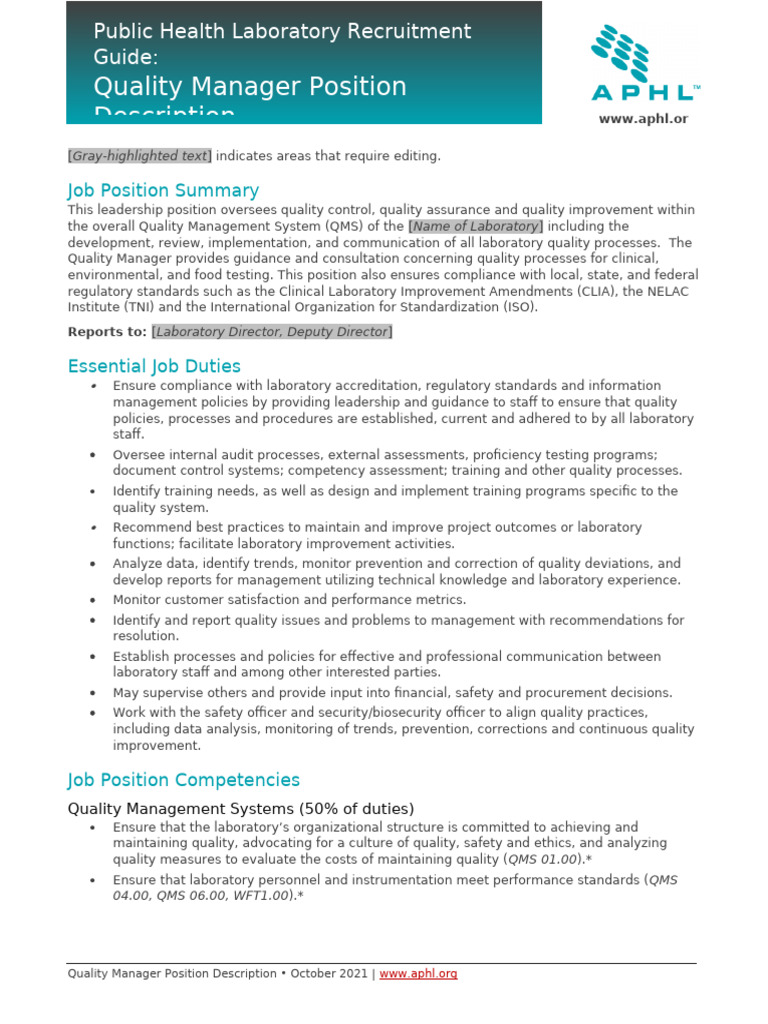 APHL Quality Manager Position Description Editable | PDF | Quality ...