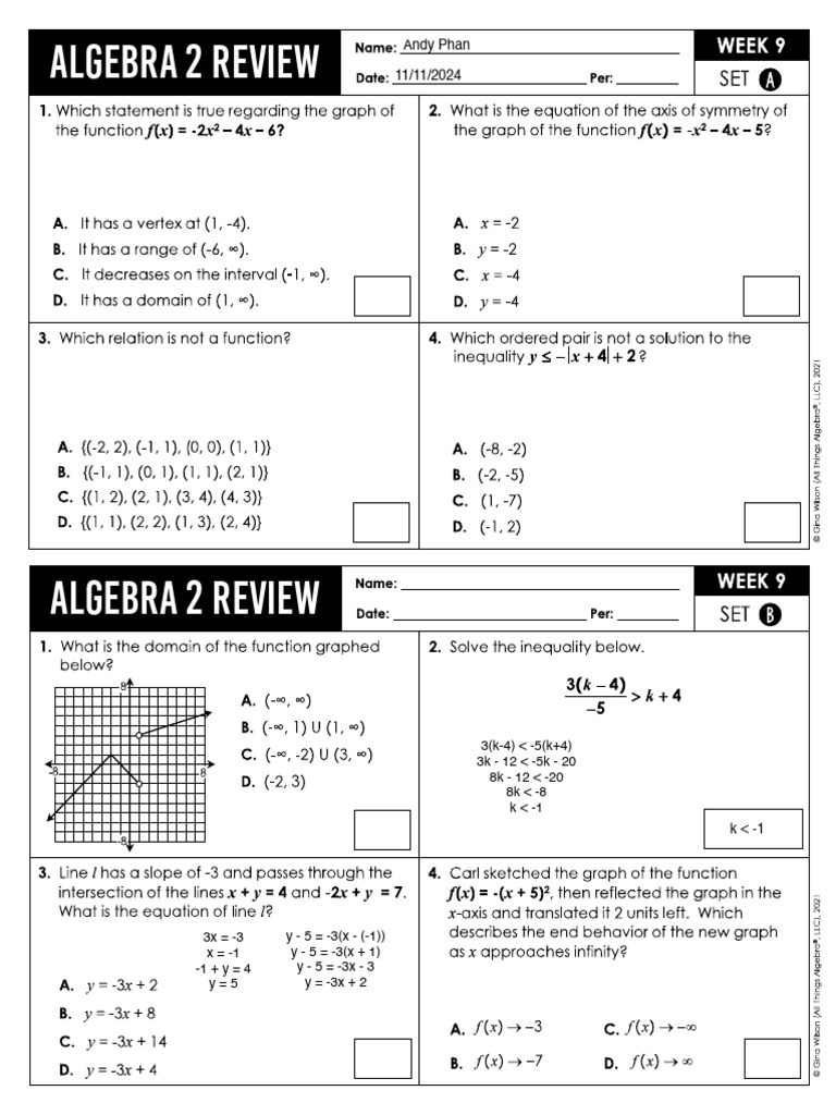 Weekly Review 9 Algebra 2 | PDF