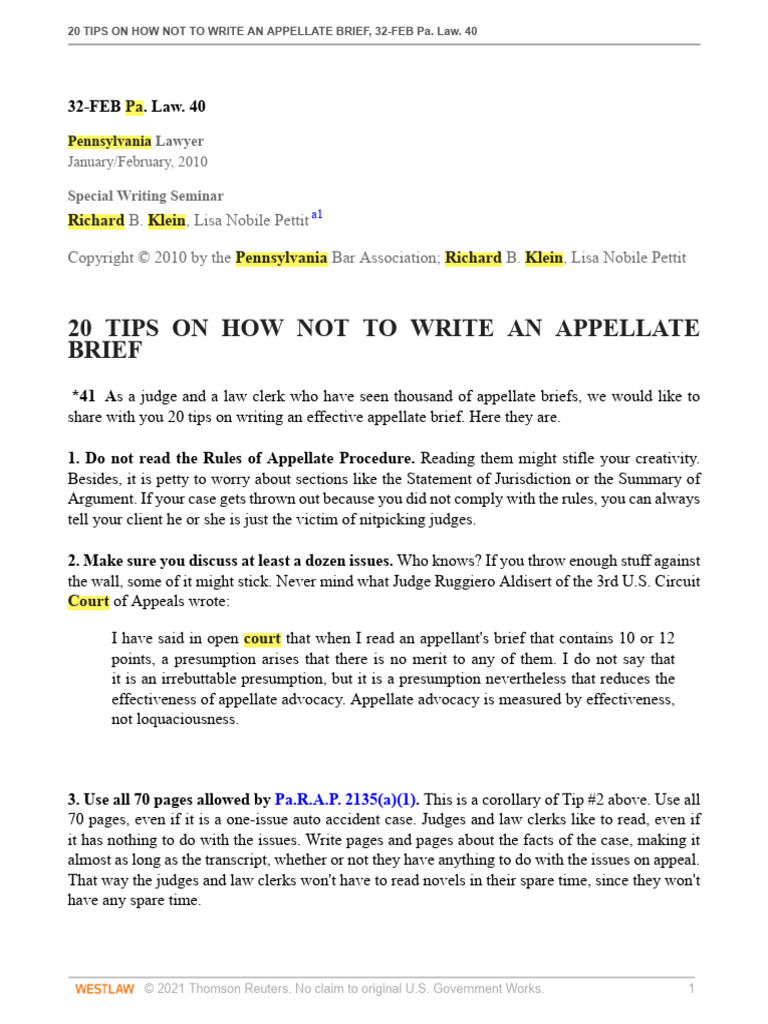 20 TIPS ON HOW NOT TO WRITE AN APPELLATE BRIEF, 32-FEB Pa. Law. 40 ...