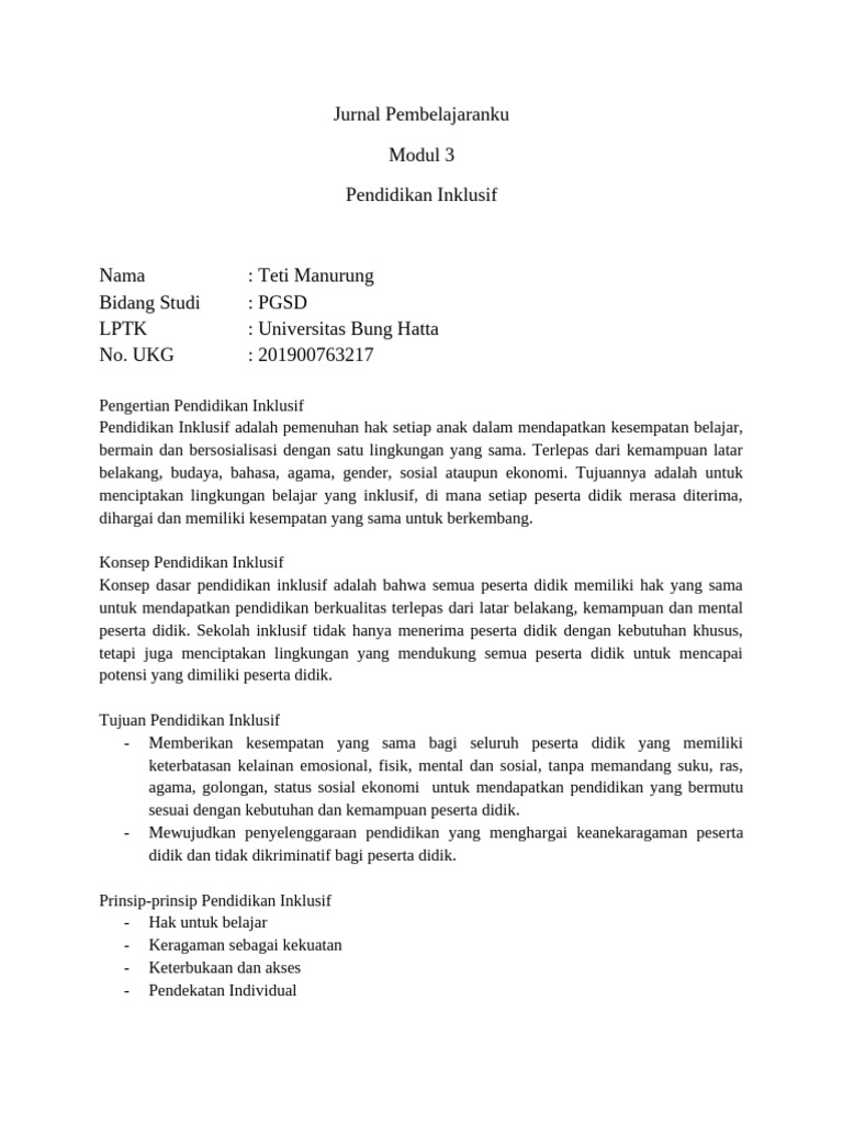 Jurnal Pembelajaranku Modul 3 Pendidikan Inklusif | PDF