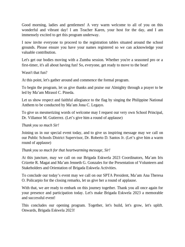 Brigada Eskwela 2023 Script | PDF