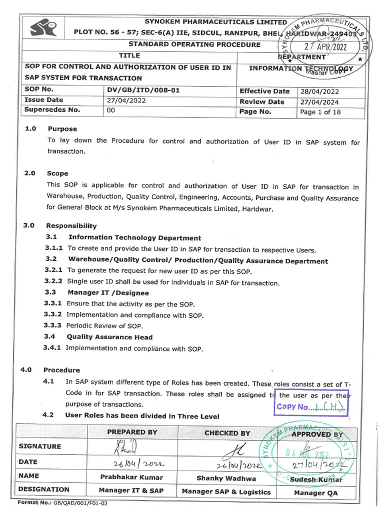 008.sop For Control and Authorization of User Id in Sap System For ...