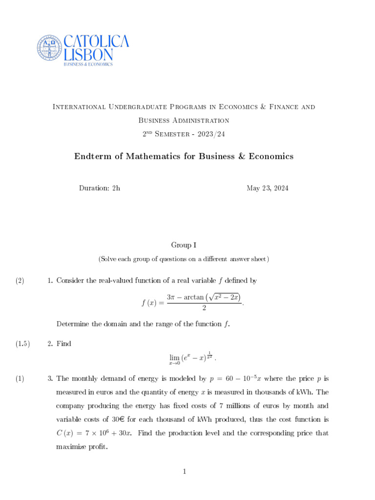 Endterm MathBE 2S2023-24 | PDF | Function (Mathematics) | Calculus