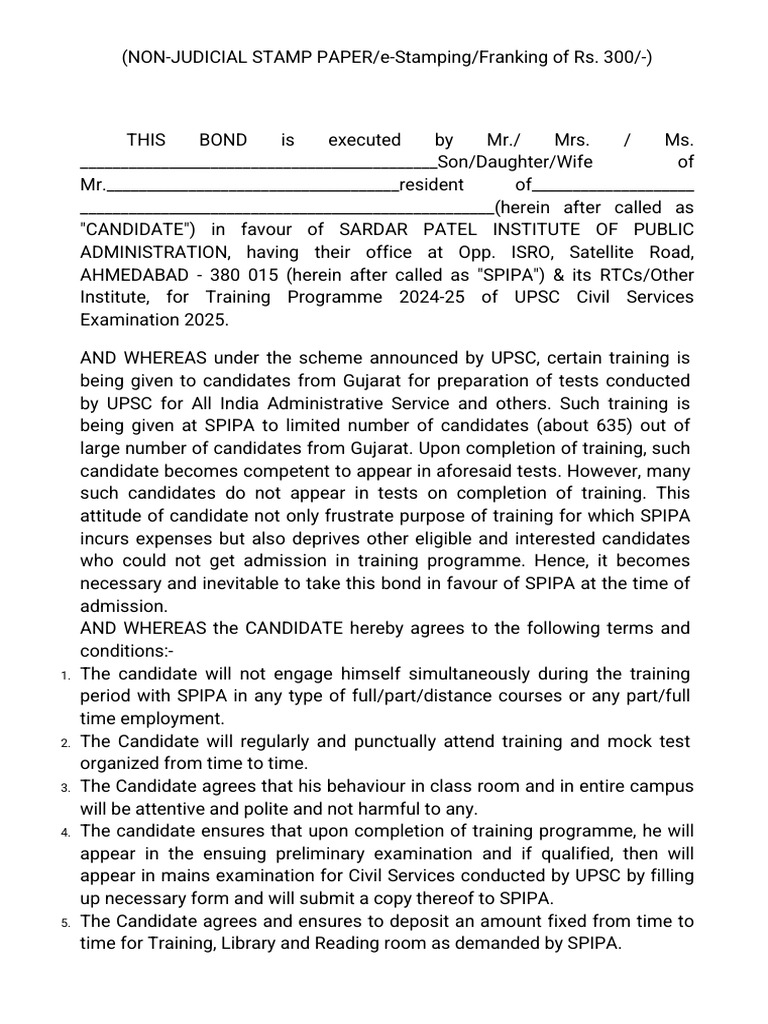 SPIPA Training Bond for UPSC Candidates | PDF