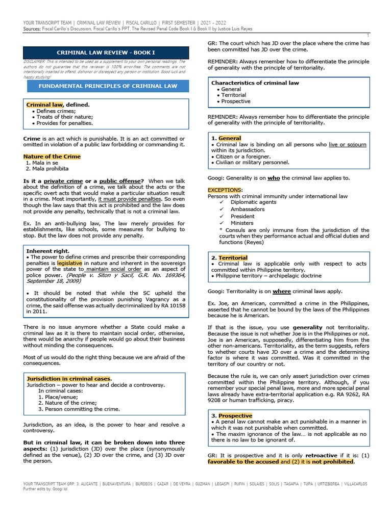 Crim Law Reviewer | PDF | Criminal Law | Crimes