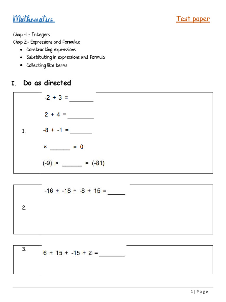 IGCSE Test Paper Math - Integers, Algebra Grade 6 | PDF