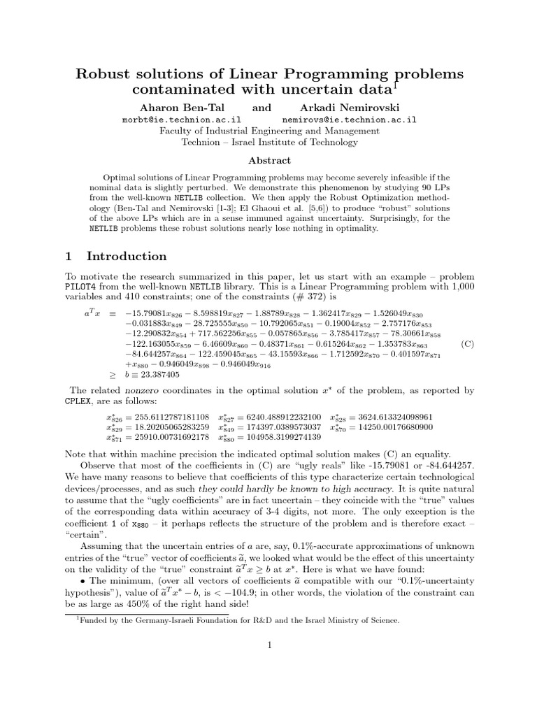 Robust Solutions of Linear Programming Problems Contaminated With ...