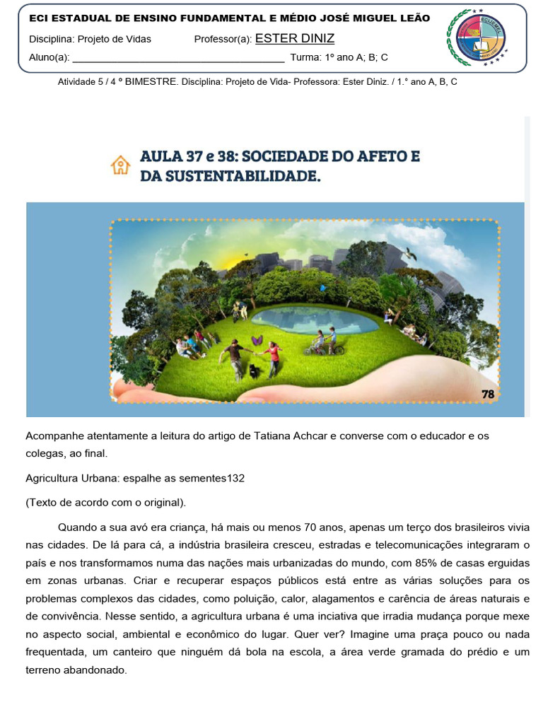 5.° ATIVIDADES - ESTER - 1 .° Ano - 4° BIMESTRE | PDF | Agricultura | São Paulo