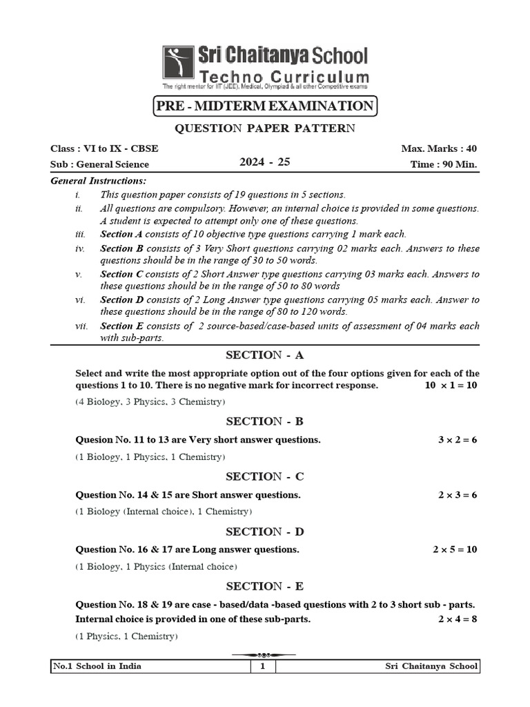 CBSE - VI To IX Classes General Science Pre Midterm Examination QP ...
