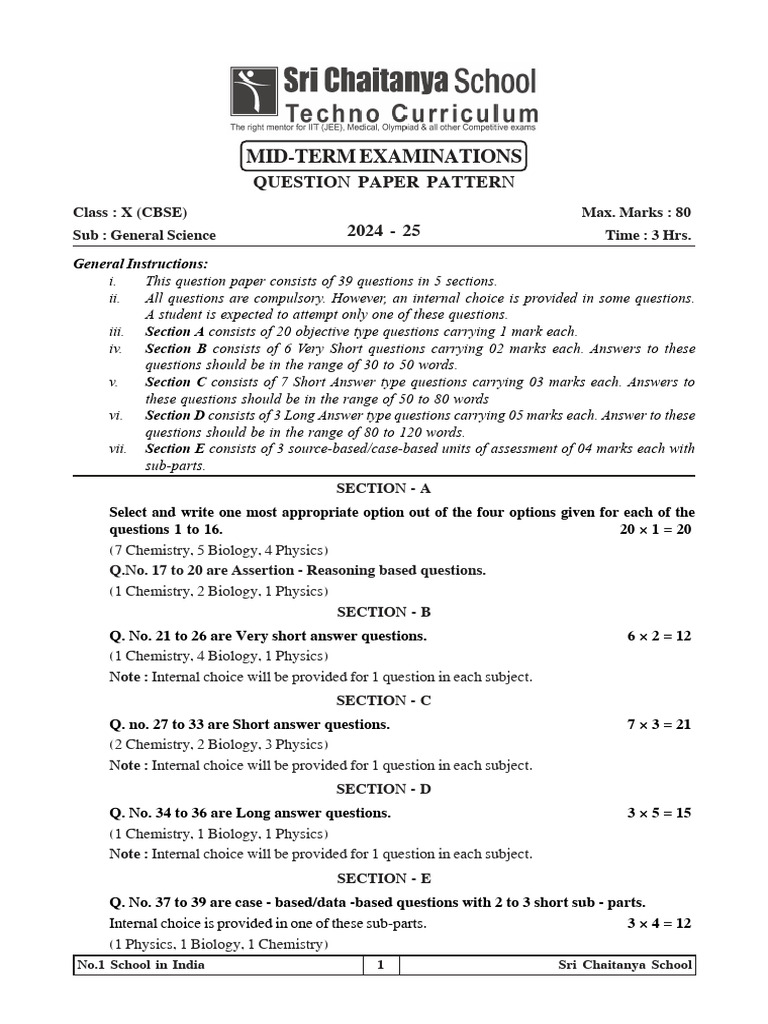 CBSE - X Class General Science Mid-Term QP Pattern | PDF | Question